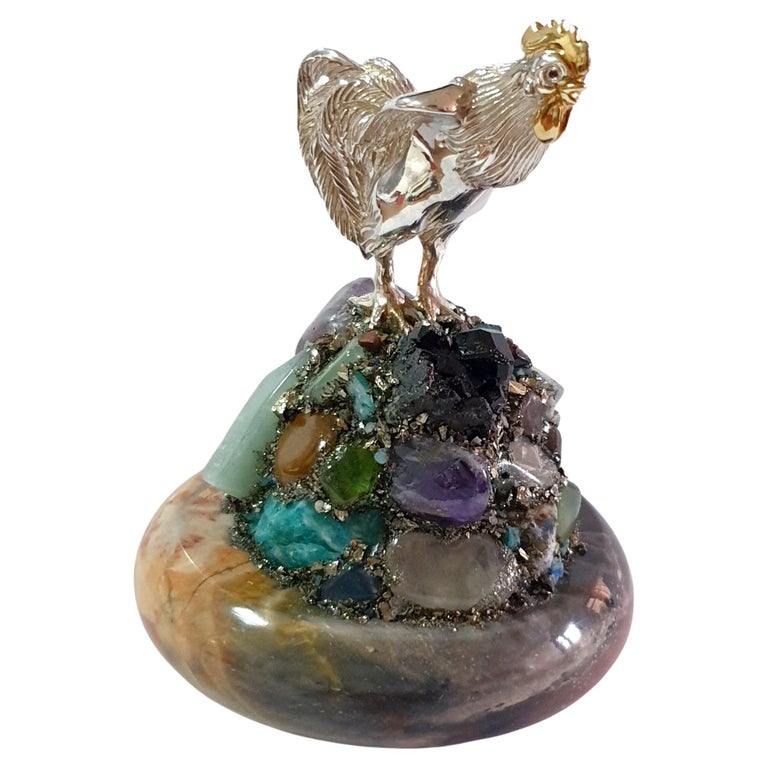 SV 925 Gold Plated Rooster Miniature on a Gem Mountain For Sale at 1stDibs