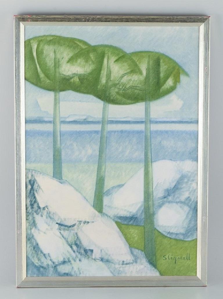 Sven Lignell, Swedish Artist, Modernist Landscape, Oil on Canvas, 1960s ...