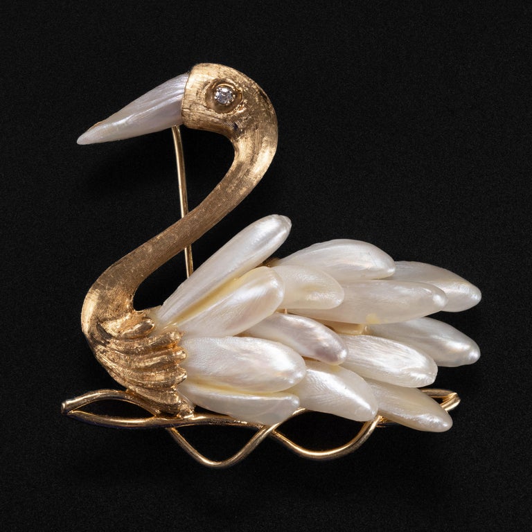 Swan Brooch Natural River Pearls, Circa 1940s-1950s For Sale at 1stDibs