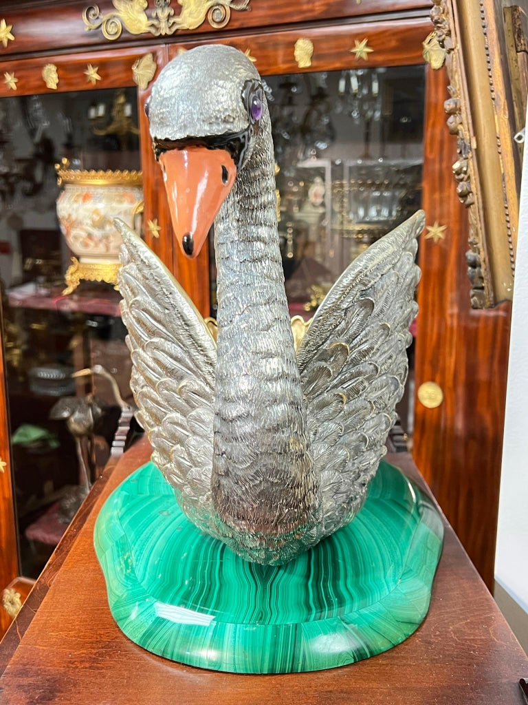 Swan Centerpiece Bowl in Sterling Silver with Malachite Pedestal For ...