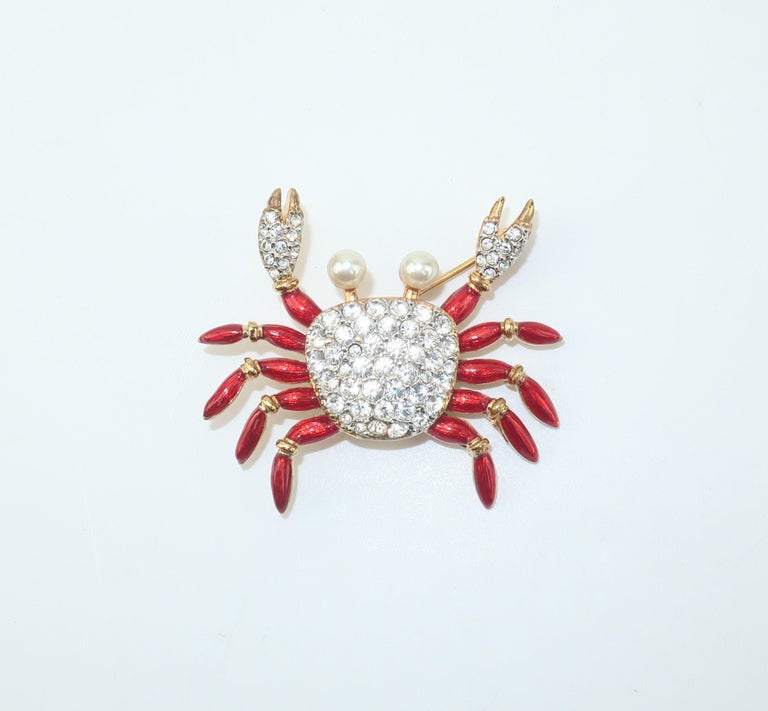 Swarovski Crab Brooch With Enamel and Pearl Details at 1stDibs