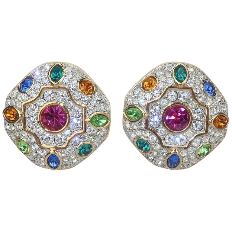 Swarovski Crystal Multi Color Rhinestone Clip On Earrings at 1stDibs