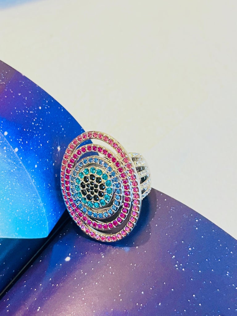 Swarovski Luxury Rainbow Crystals Oval Openwork Chunky Nirvana Cocktail Ring For Sale at 1stDibs