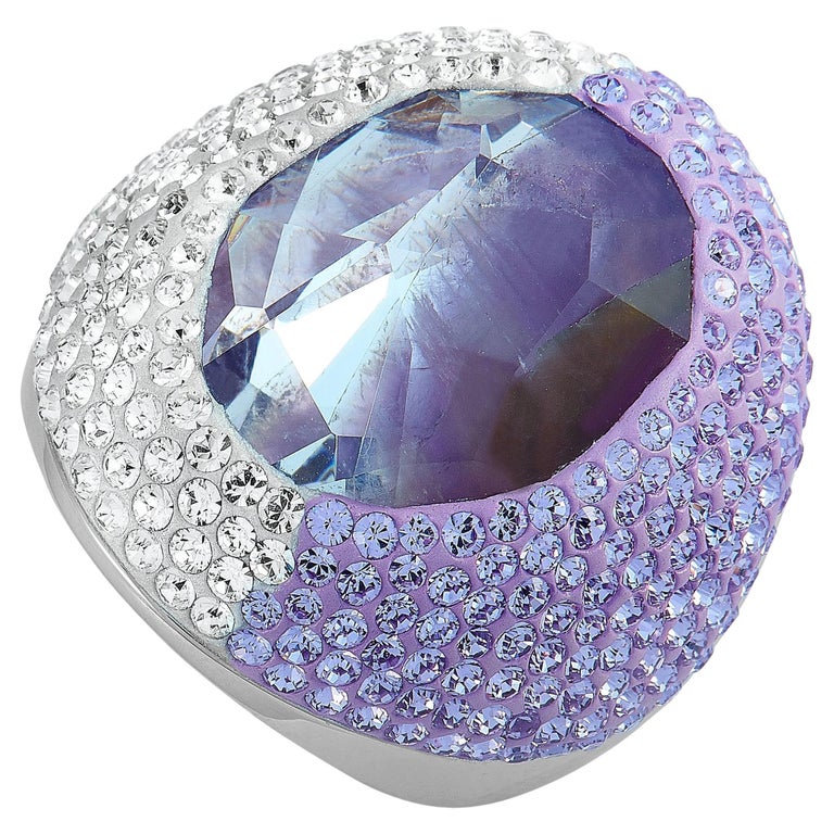 Swarovski Rhodium-Plated Stainless Steel Purple and Clear Crystal Ring ...