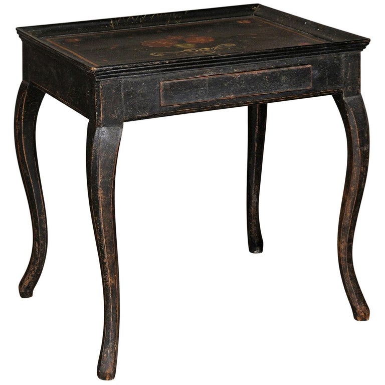 Swedish 1770s Rococo Period Ebonized Wood Tea Table with Painted Floral ...
