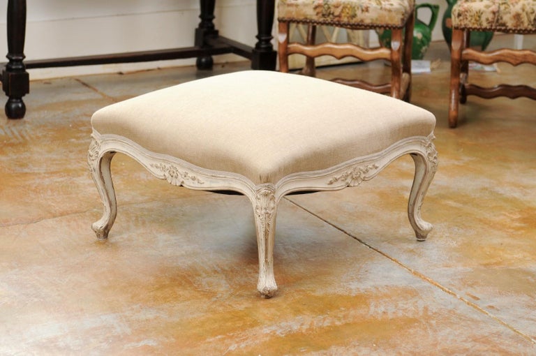 Swedish 19th Century Rococo Style Painted Upholstered Stool with Carved ...