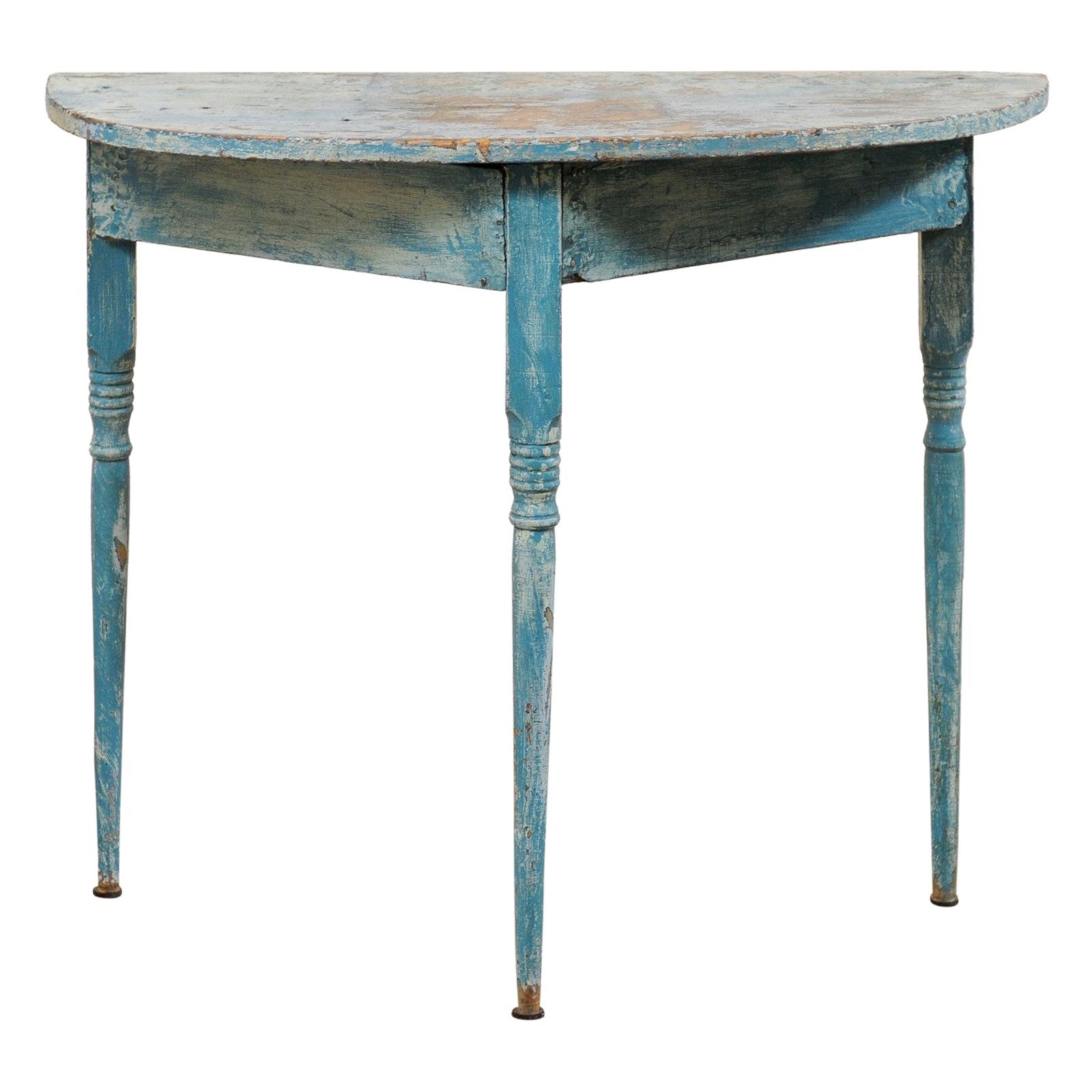 Swedish 19th Century Single Demilune Console Table in Turquoise Blue ...