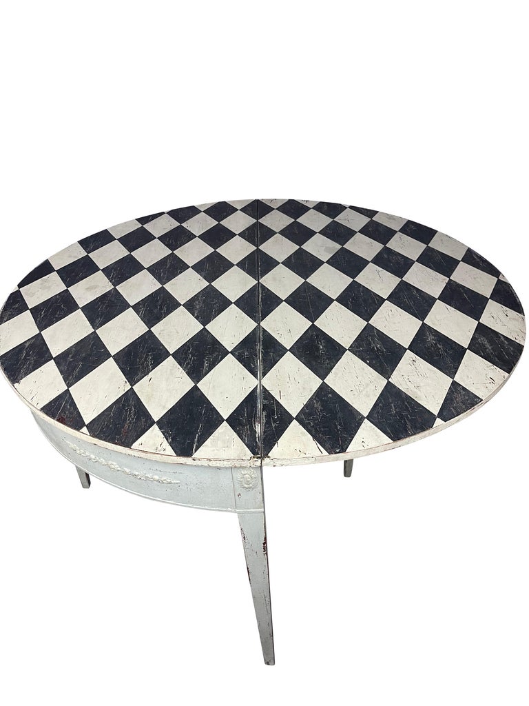 Swedish Antique Painted Demilune/ Console Table Flip Top with Harlequin ...