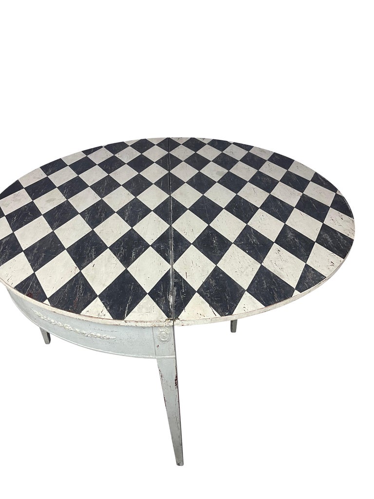 Swedish Antique Painted Demilune/ Console Table Flip Top with Harlequin ...