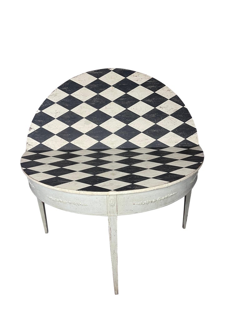 Swedish Antique Painted Demilune/ Console Table Flip Top with Harlequin ...