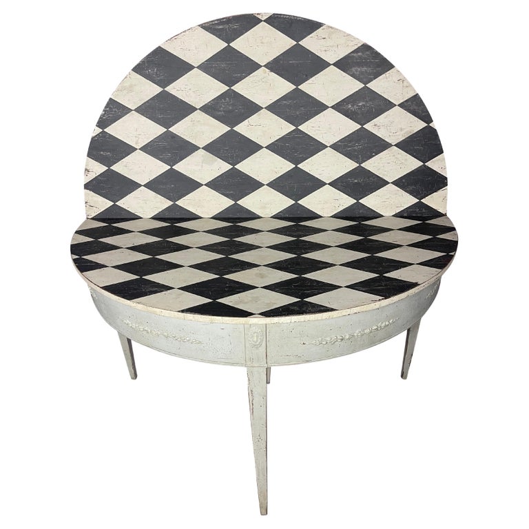 Swedish Antique Painted Demilune/ Console Table Flip Top with Harlequin ...