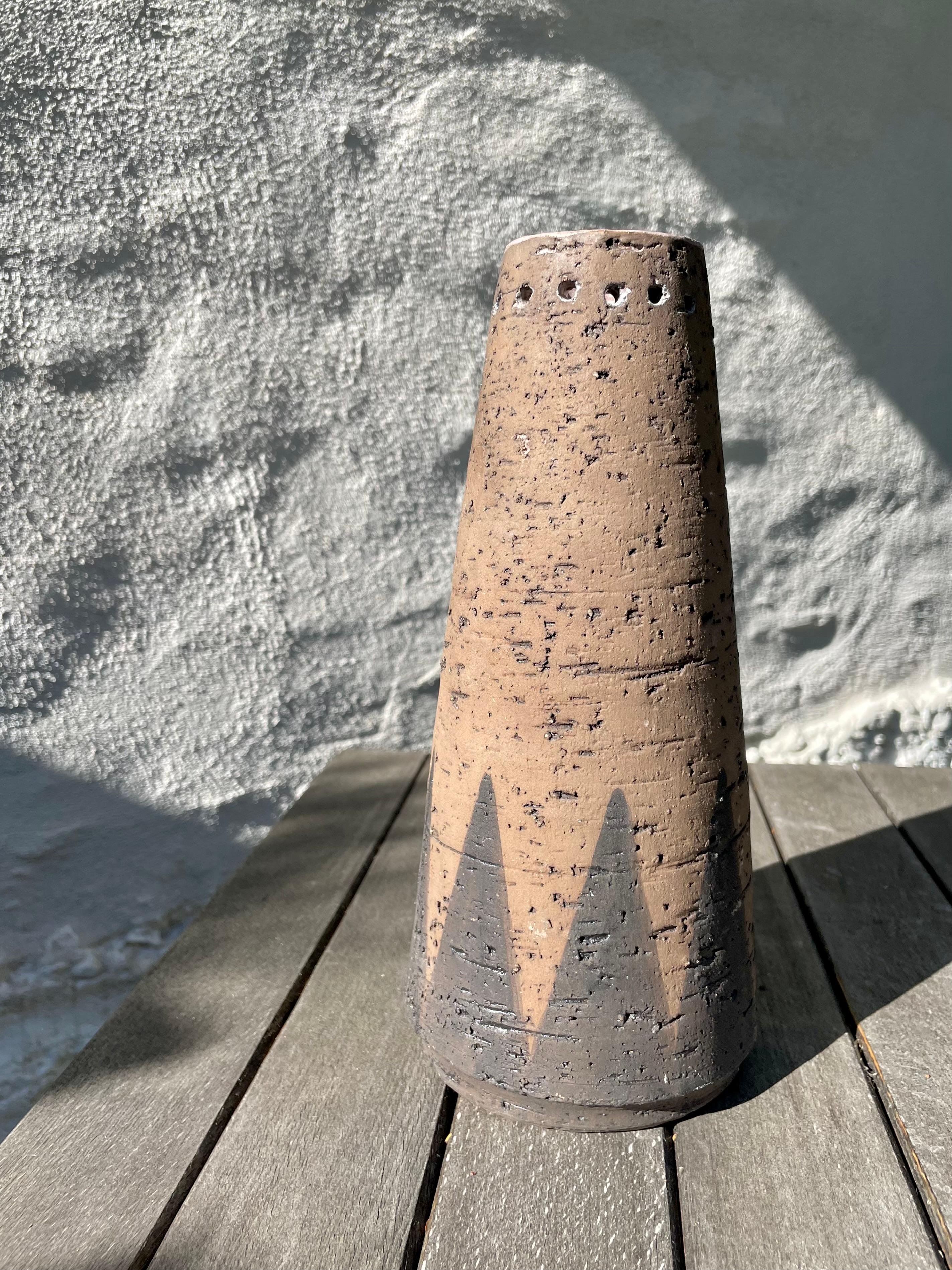 Swedish Brutalist Chamotte Clay Vase with Triangular Decor, 1960s For Sale at 1stDibs