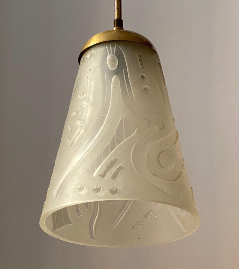 Swedish, Ceiling Light, Cut and Frosted Glass, Brass, Sweden, 1940s For ...