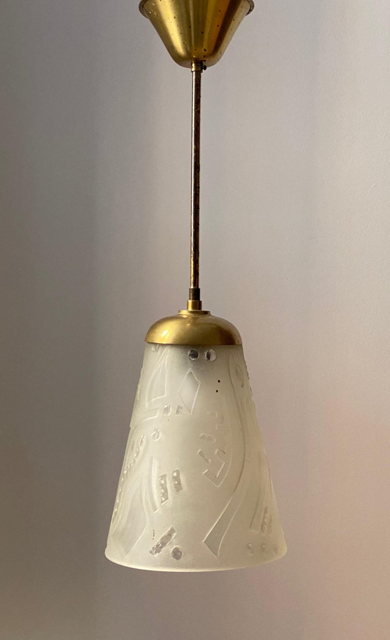 Swedish, Ceiling Light, Cut and Frosted Glass, Brass, Sweden, 1940s For ...