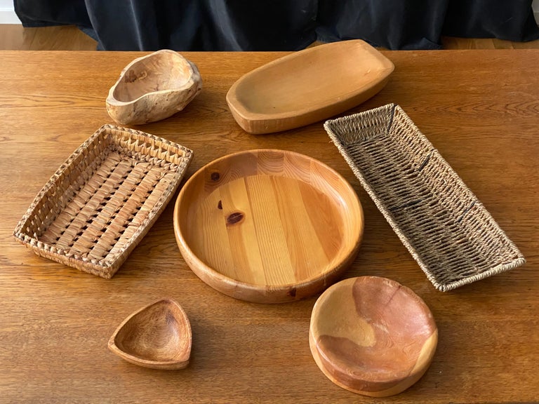 Swedish, Collection of Bowls, Dishes, Trays, Wood, Rope, Rattan ...