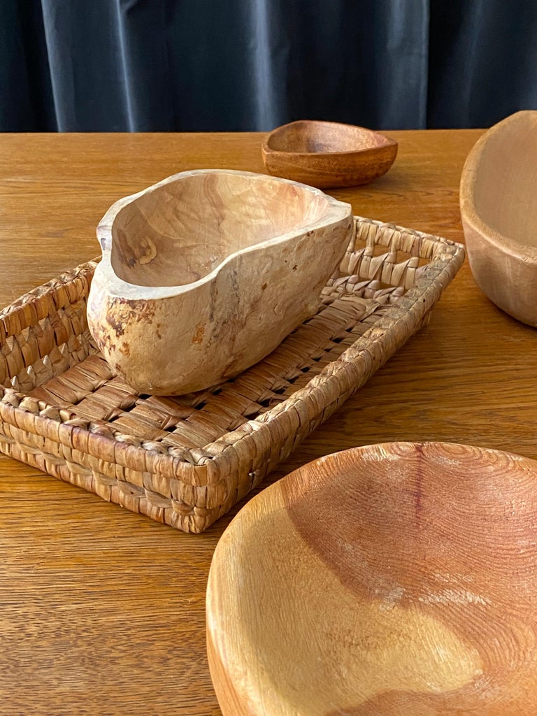 Swedish, Collection of Bowls, Dishes, Trays, Wood, Rope, Rattan ...