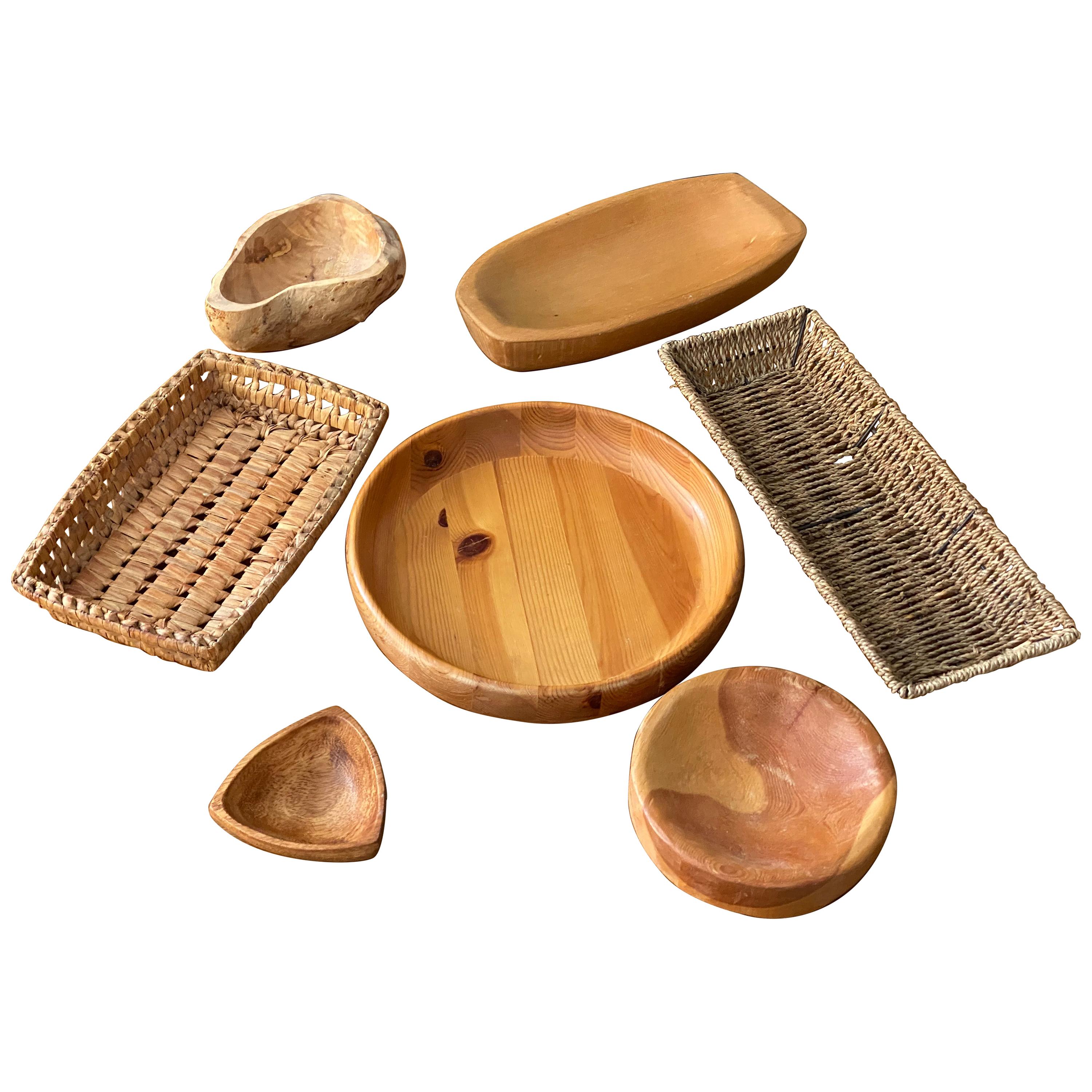 Swedish, Collection of Bowls, Dishes, Trays, Wood, Rope, Rattan ...