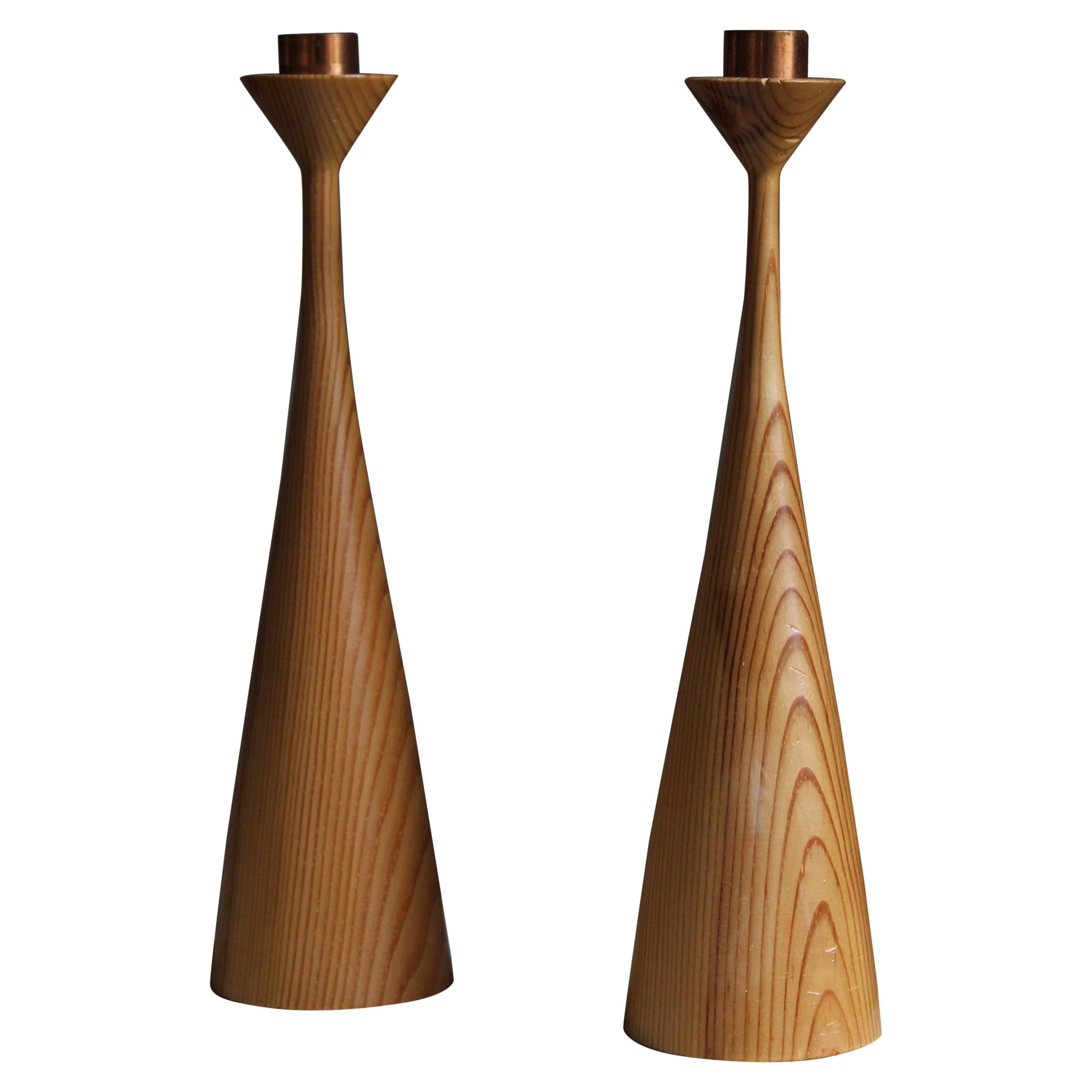 Swedish Craft, Candlesticks, Turned Solid Pine, Brass, Sweden, 1970s at ...