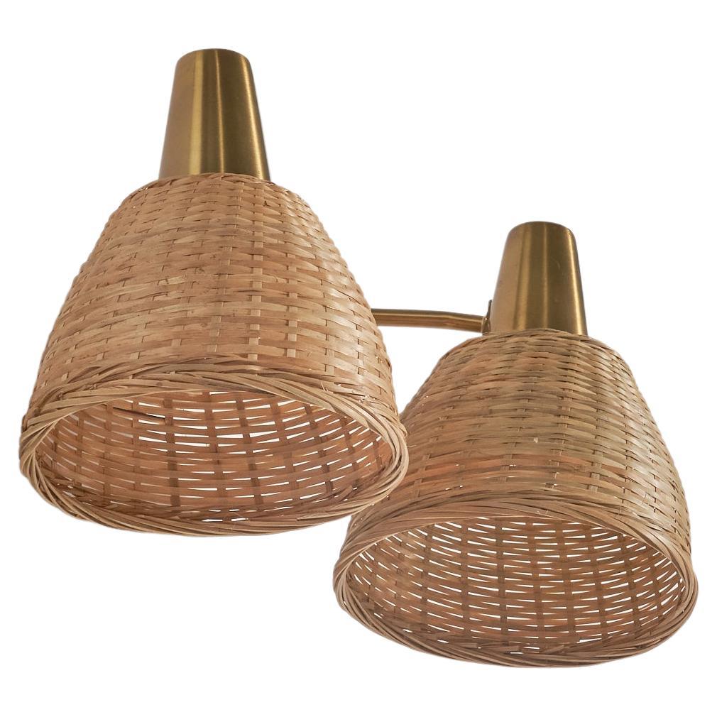 Swedish Designer, 2-Light Sconce, Brass, Rattan, Sweden, c. 1940s For ...