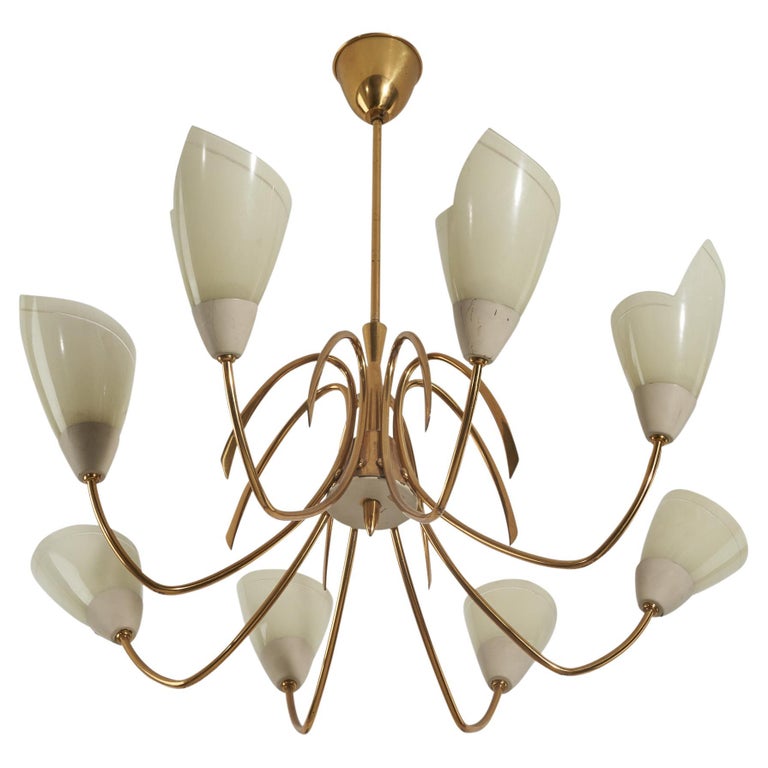 Designer suédois, lustre, laiton, métal, acrylique, Suède, années 1950 ...