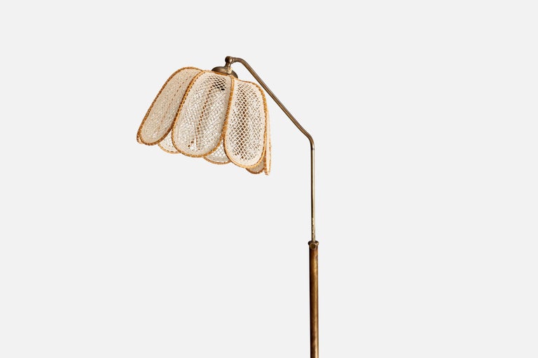 Swedish Designer, Floor Lamp, Brass, Wood, Embroidery Fabric, Sweden ...