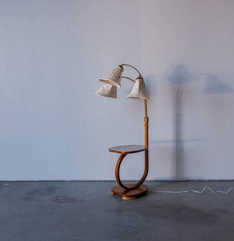 Swedish Designer, Floor Lamp with Table, Brass, Wood, Fabric, Sweden ...