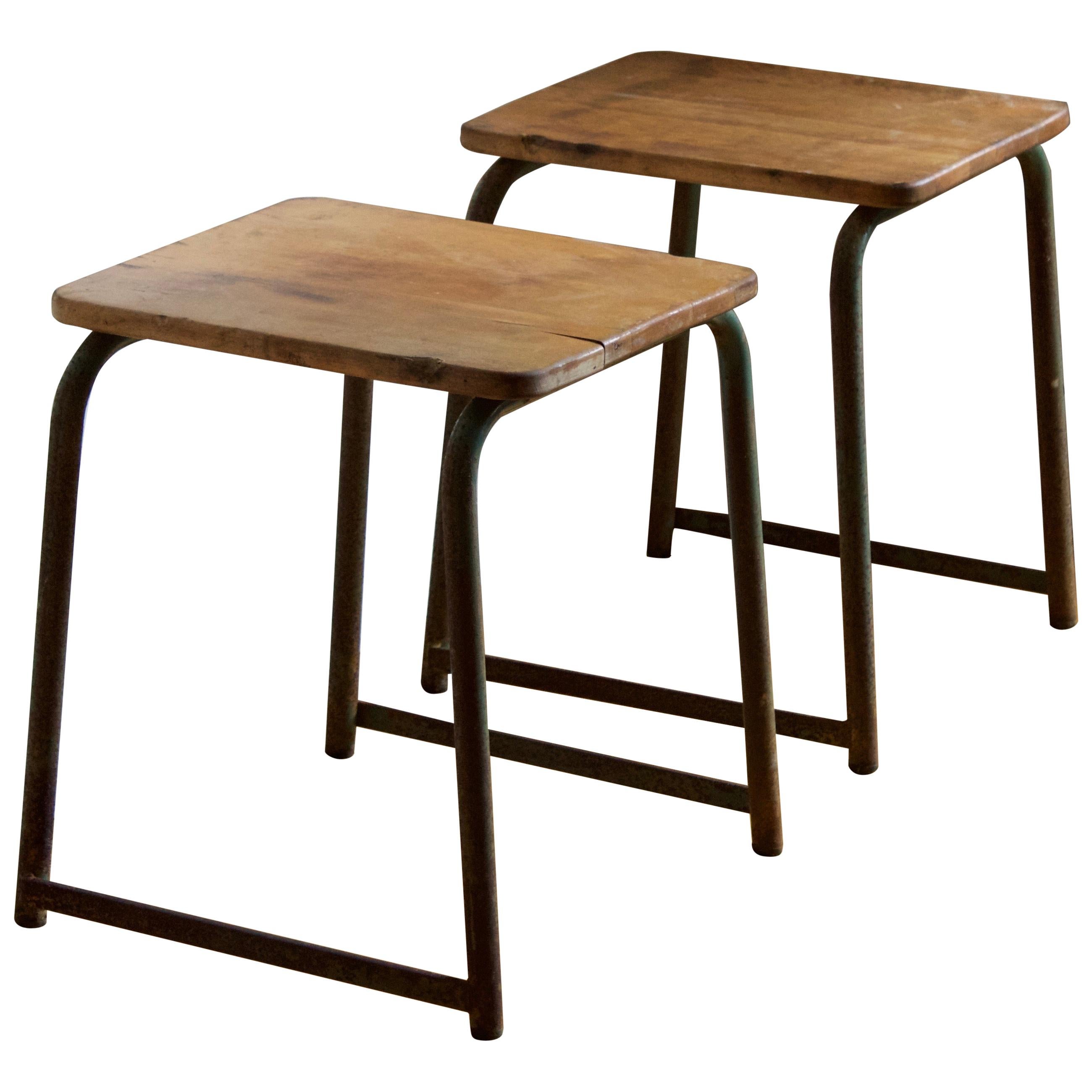 Swedish Designer, Functionalist Stools, Oak, Green Painted Metal ...