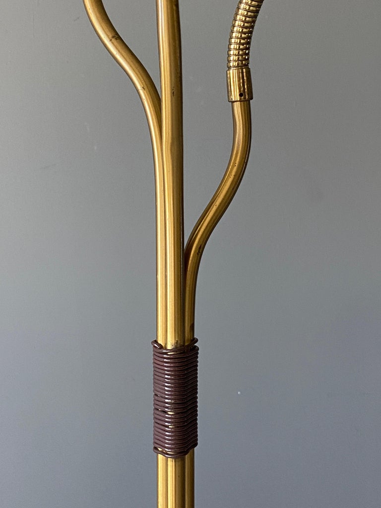 Swedish Designer, Organic Modernist Floor Lamp, Brass, Teak, Fabric ...