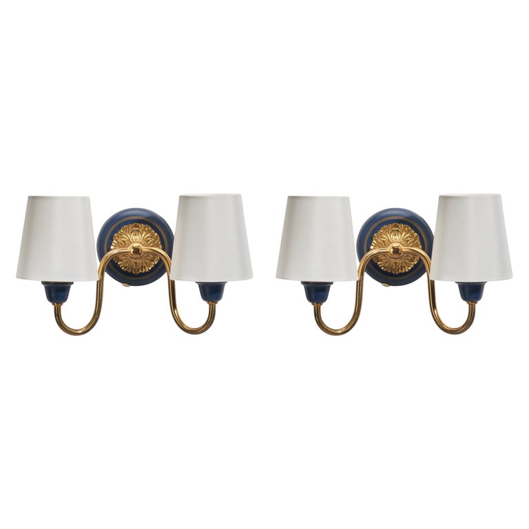 Swedish Designer, Sconces, Brass, Blue Lacquered Metal, Fabric, Sweden ...