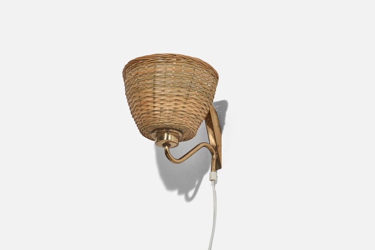 Swedish Designer, Sconces, Brass, Rattan, Sweden, 1950s For Sale at 1stDibs
