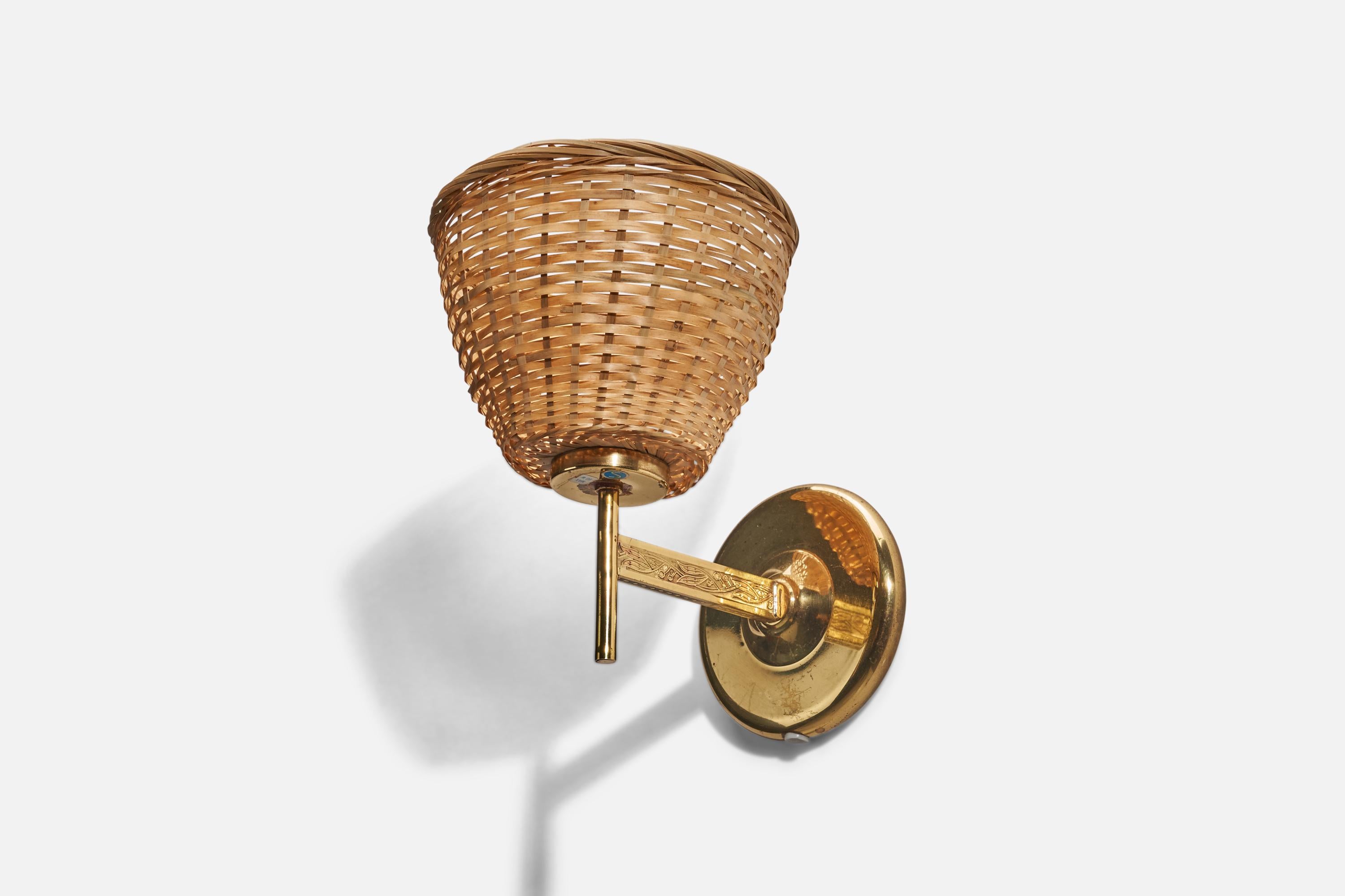 Swedish Designer, Sconces, Brass, Rattan, Sweden, 1950s at 1stDibs