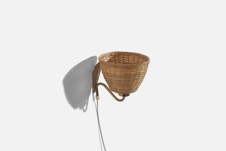 Swedish Designer, Sconces, Brass, Rattan, Sweden, 1950s For Sale at 1stDibs