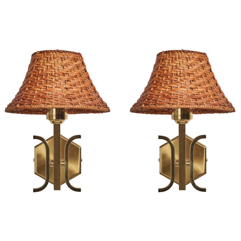 Swedish Designer, Sconces, Brass, Rattan, Sweden, 1970s For Sale at 1stDibs
