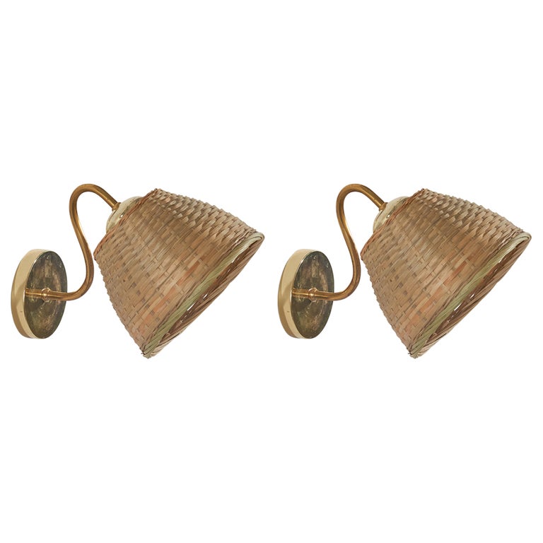 Swedish Designer, Sconces, Brass, Rattan, Sweden, c. 1970s at 1stDibs