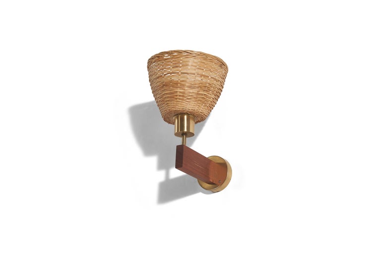 Swedish Designer, Sconces, Brass, Teak, Rattan, Sweden, c. 1960s at 1stDibs