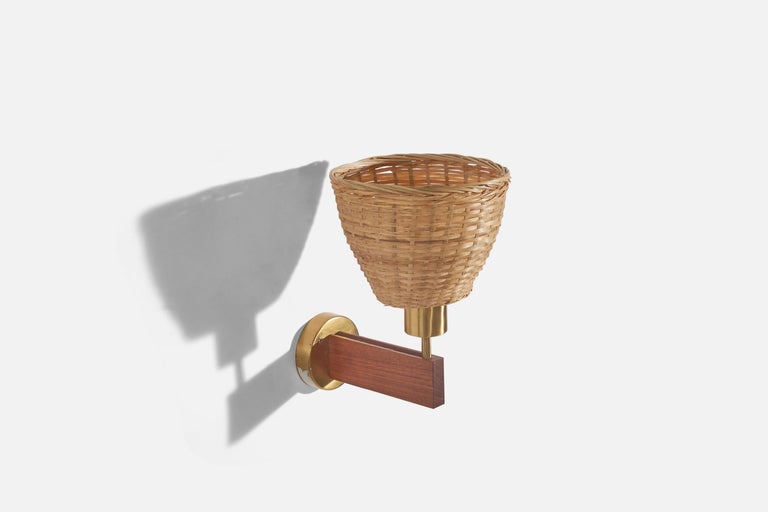 Swedish Designer, Sconces, Brass, Teak, Rattan, Sweden, c. 1960s at 1stDibs