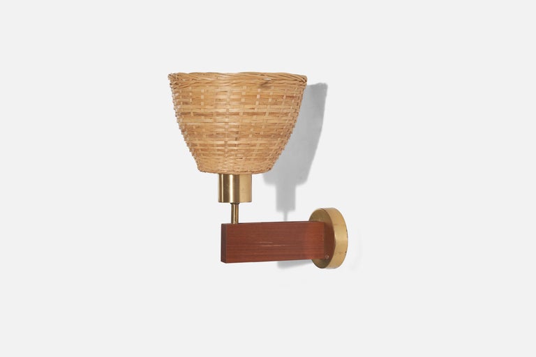 Swedish Designer, Sconces, Brass, Teak, Rattan, Sweden, c. 1960s at 1stDibs