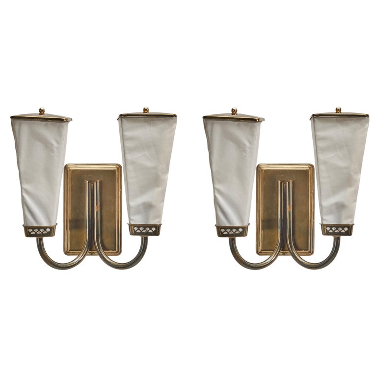 Swedish Designer, Sconces, Brass, White Fabric, Sweden, 1940s For Sale ...