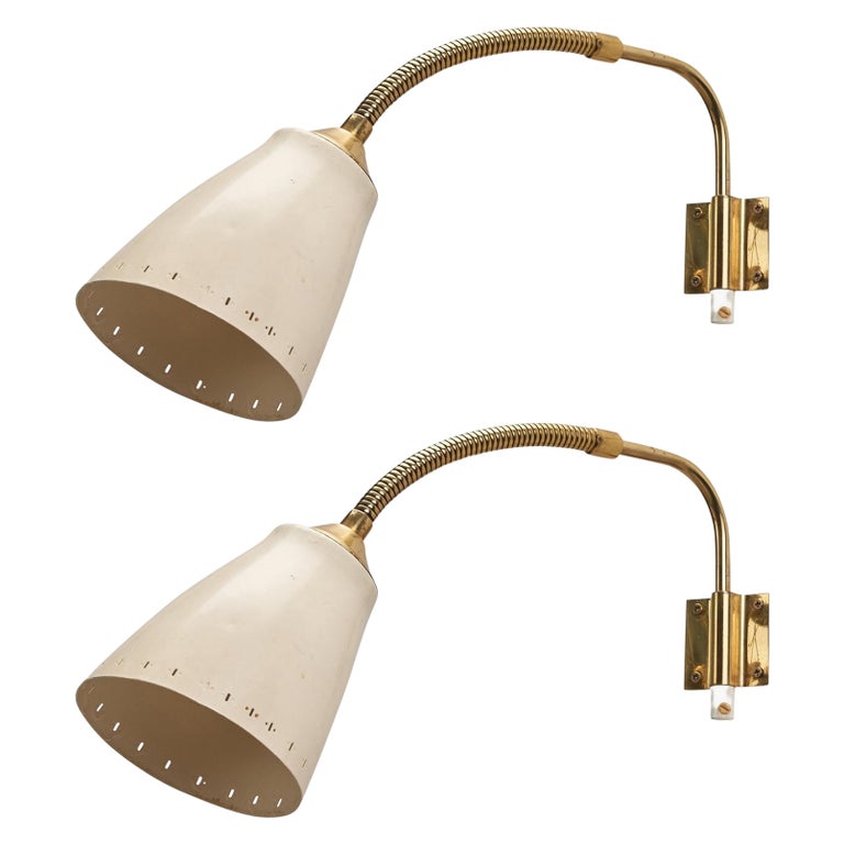 Swedish Designer, Sconces, Brass, White Lacquered Metal, Sweden, 1950s ...