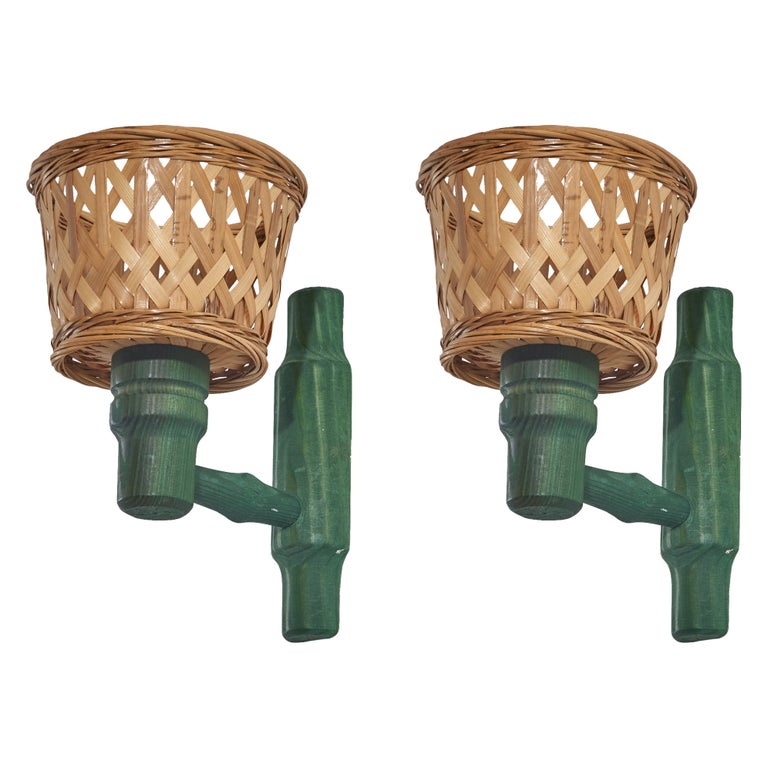 Swedish Designer, Sconces, Green Painted Pine, Rattan, Sweden, C. 1970s ...