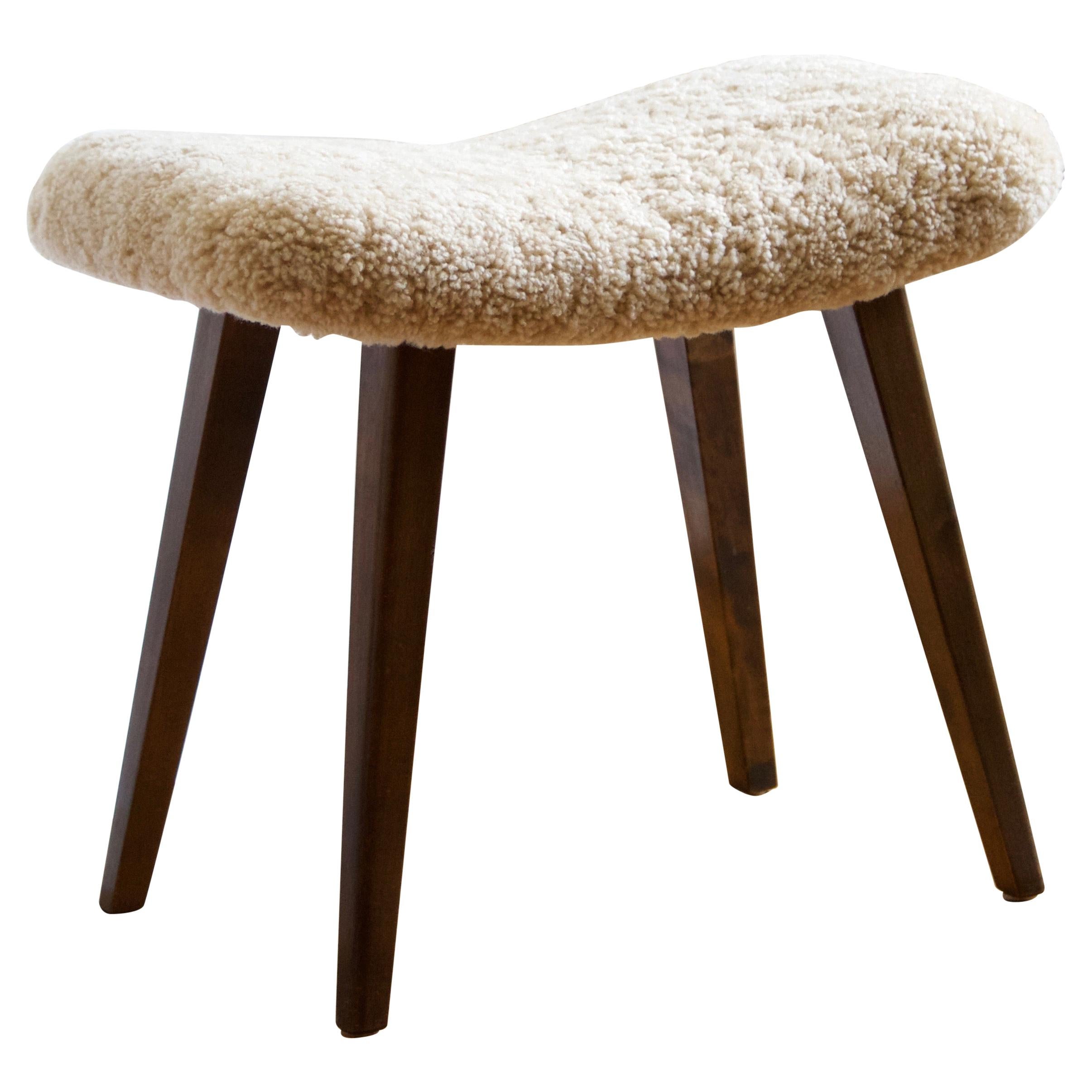Swedish Designer, Stool, Dark-Stained Wood, Sheepskin, Sweden, 1950s at ...