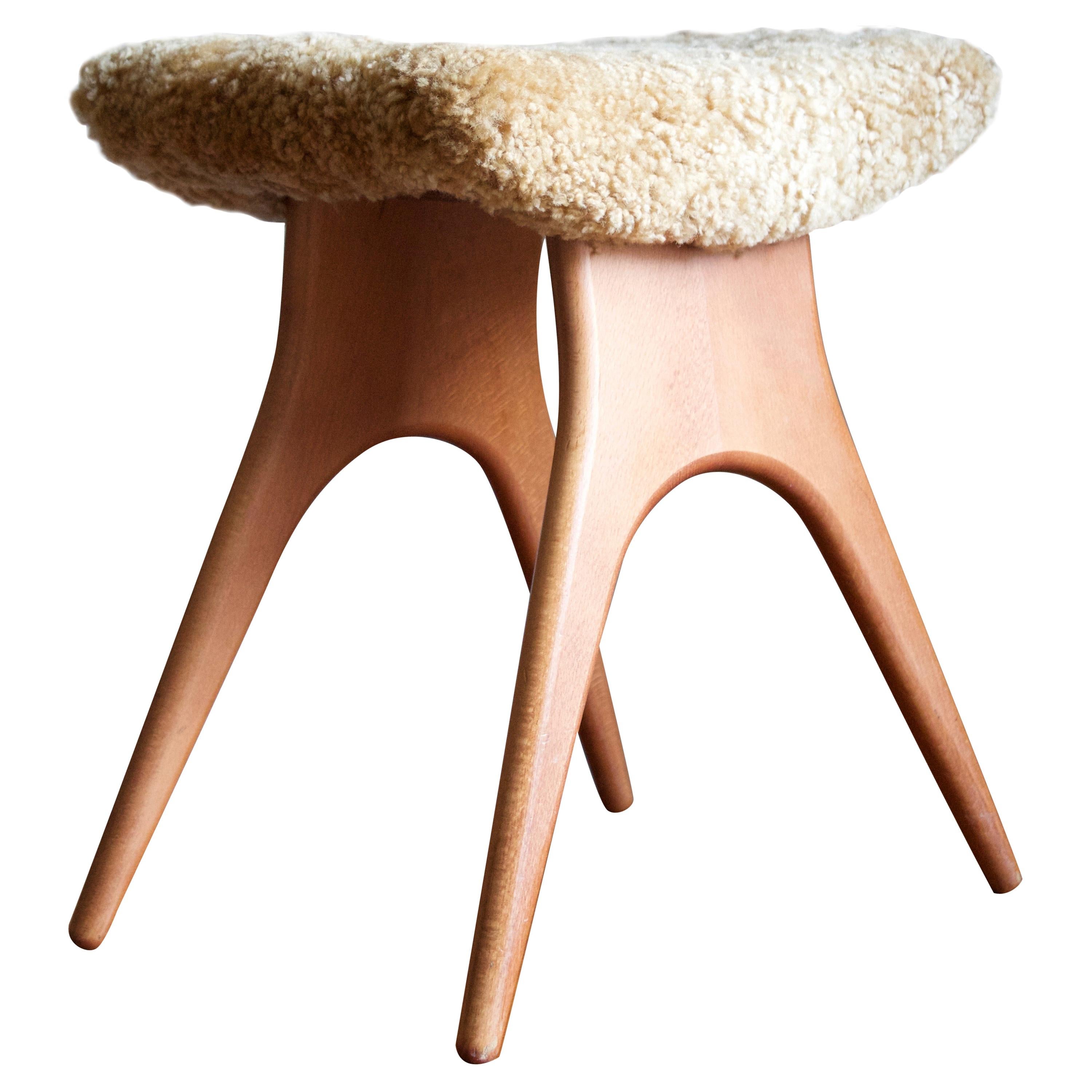 Swedish Designer, Stool, Stained Oak, Beige Sheepskin, Sweden, 1950s ...