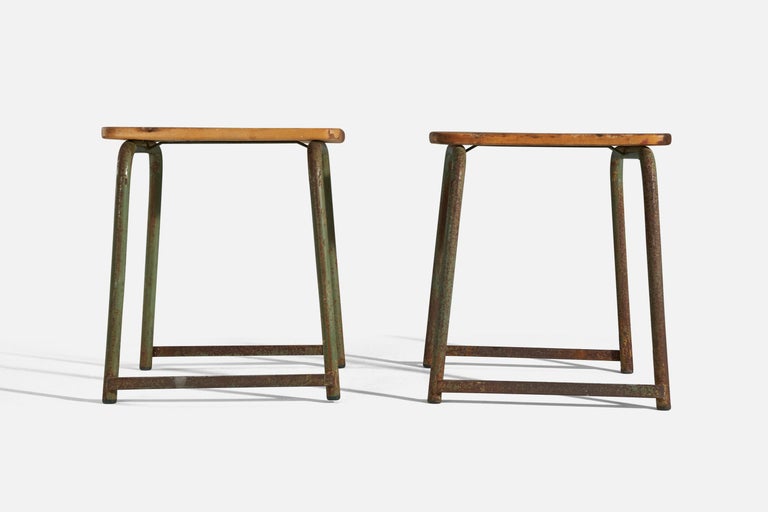 Swedish Designer, Stools, Oak, Green Painted Metal, Sweden, 1940s For ...