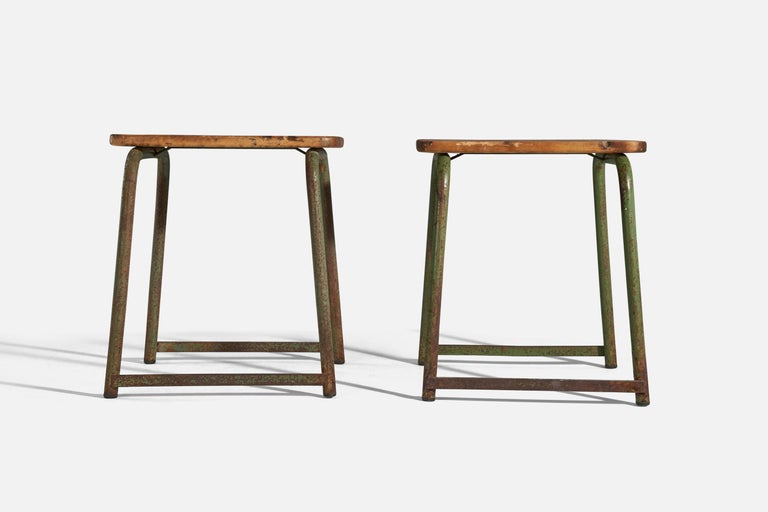 Swedish Designer, Stools, Oak, Green Painted Metal, Sweden, 1940s For ...