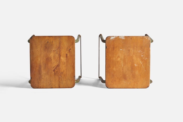 Swedish Designer, Stools, Oak, Green Painted Metal, Sweden, 1940s For ...