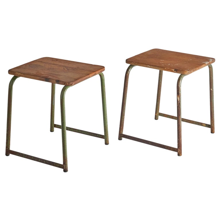 Swedish Designer, Stools, Oak, Green Painted Metal, Sweden, 1940s For ...