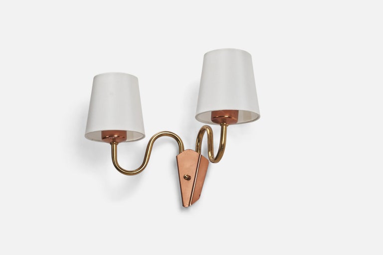 Swedish Designer, Wall Light, Brass, Copper, Silk, Sweden, 1970s For ...