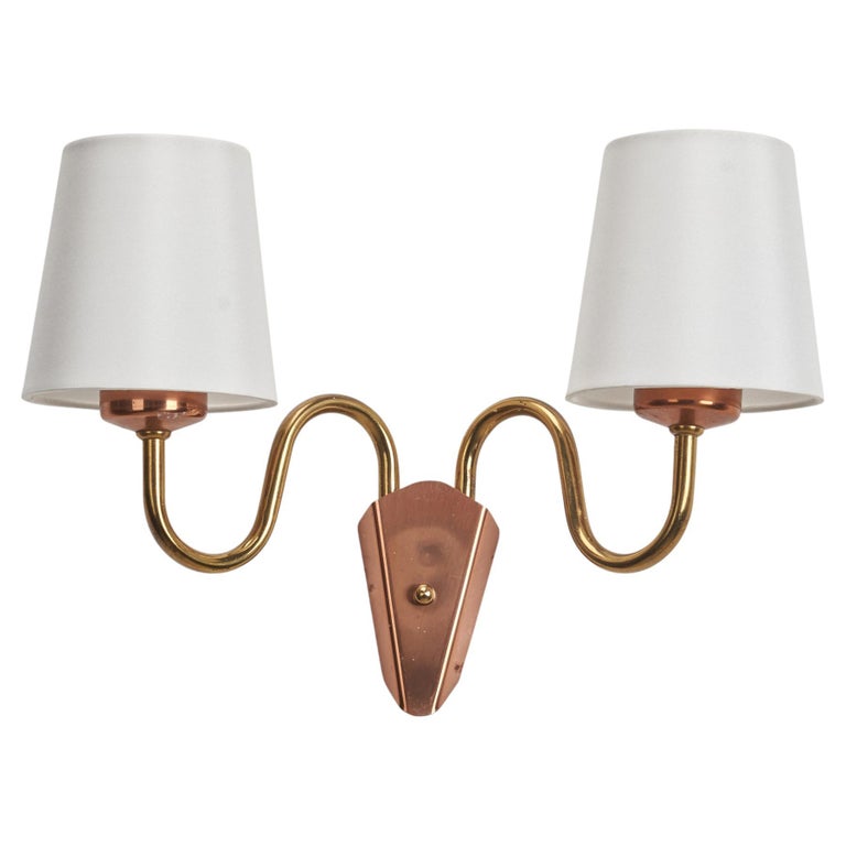 Swedish Designer, Wall Light, Brass, Copper, Silk, Sweden, 1970s For ...
