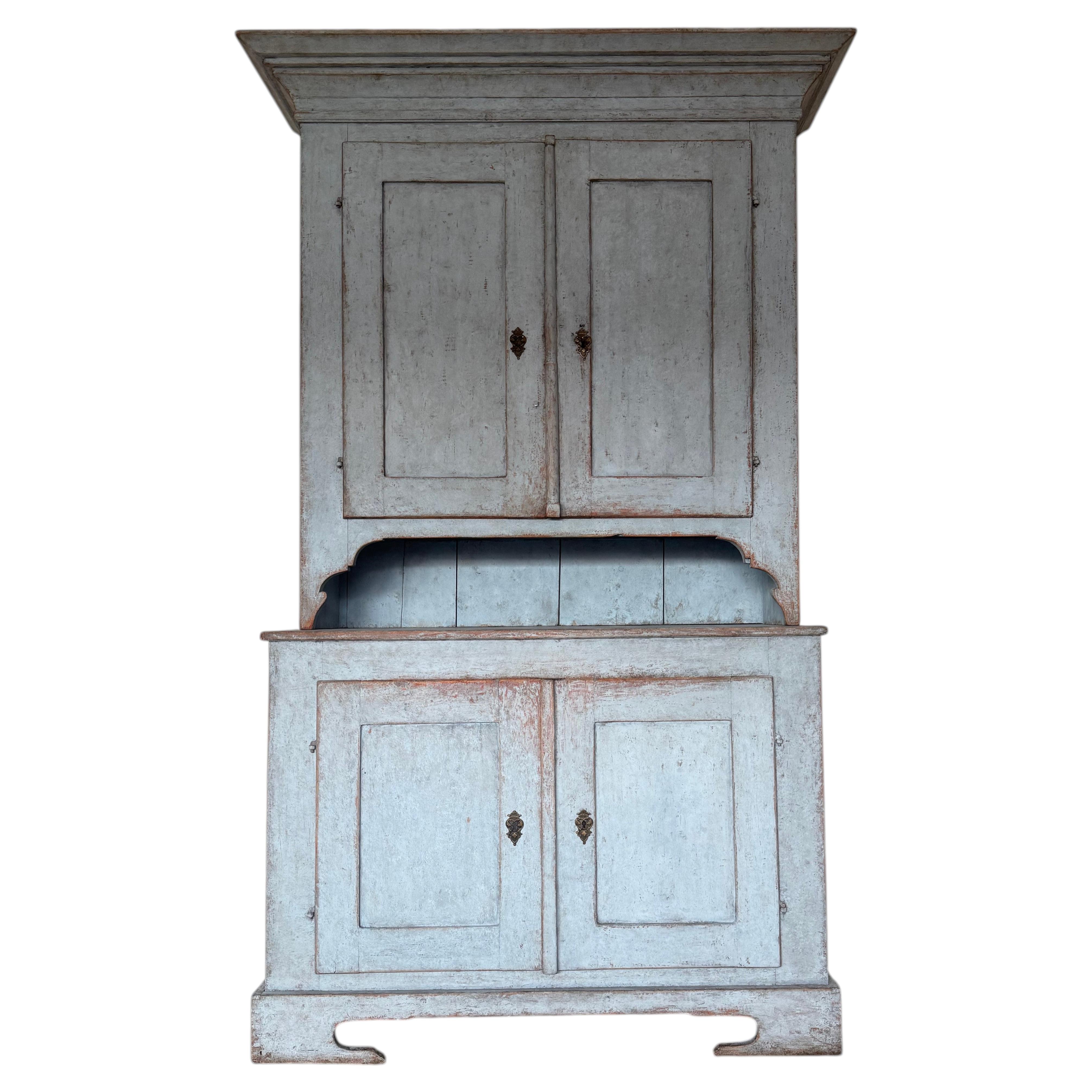 Early 19th Century Swedish Folk Art Painted 2 Piece Step Back Cabinet ...