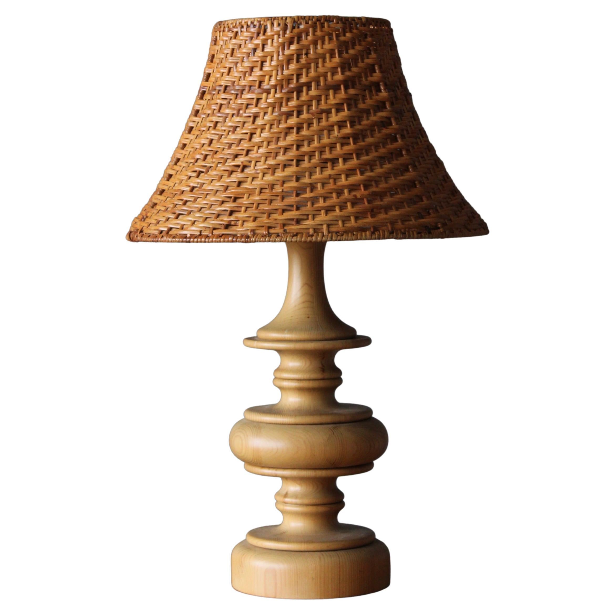 Swedish, Table Lamp, Solid Pine, Rattan, Sweden, 1970s For Sale at 1stDibs